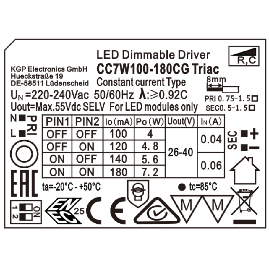 KGP LED driver - 100-180mA - 26-40V/230V - 7W - TRIAC dimbaar | Lichtkoning